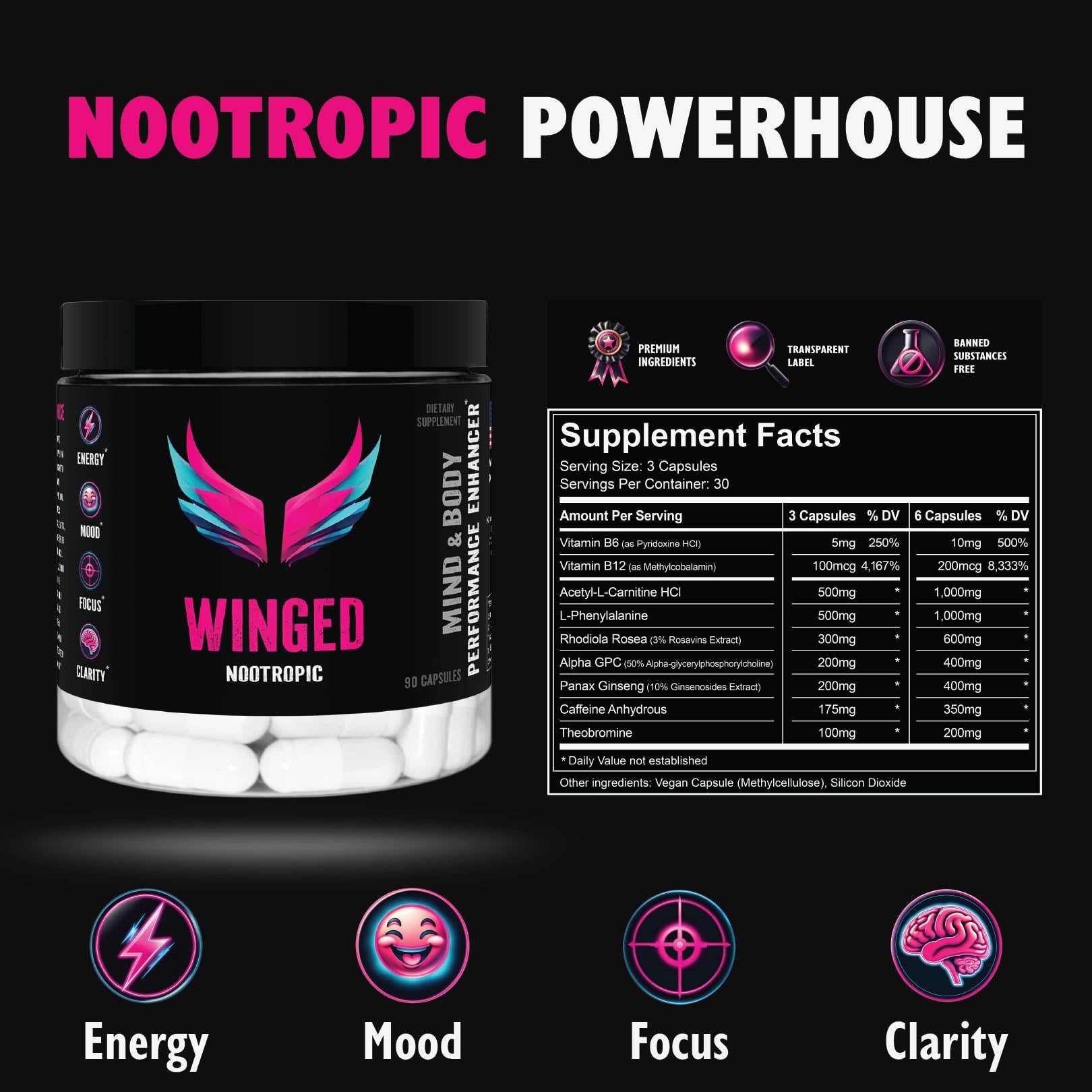 WINGED Nootropic - Best Energy, Mood, Focus, and Clarity Supplement ...